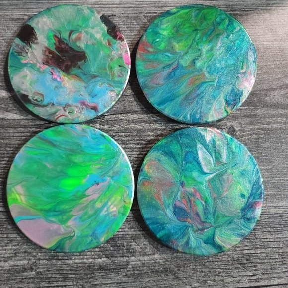 Hand Crafted | Dining | Abstract Art Paint Pour Coasters Set Of 4 ...